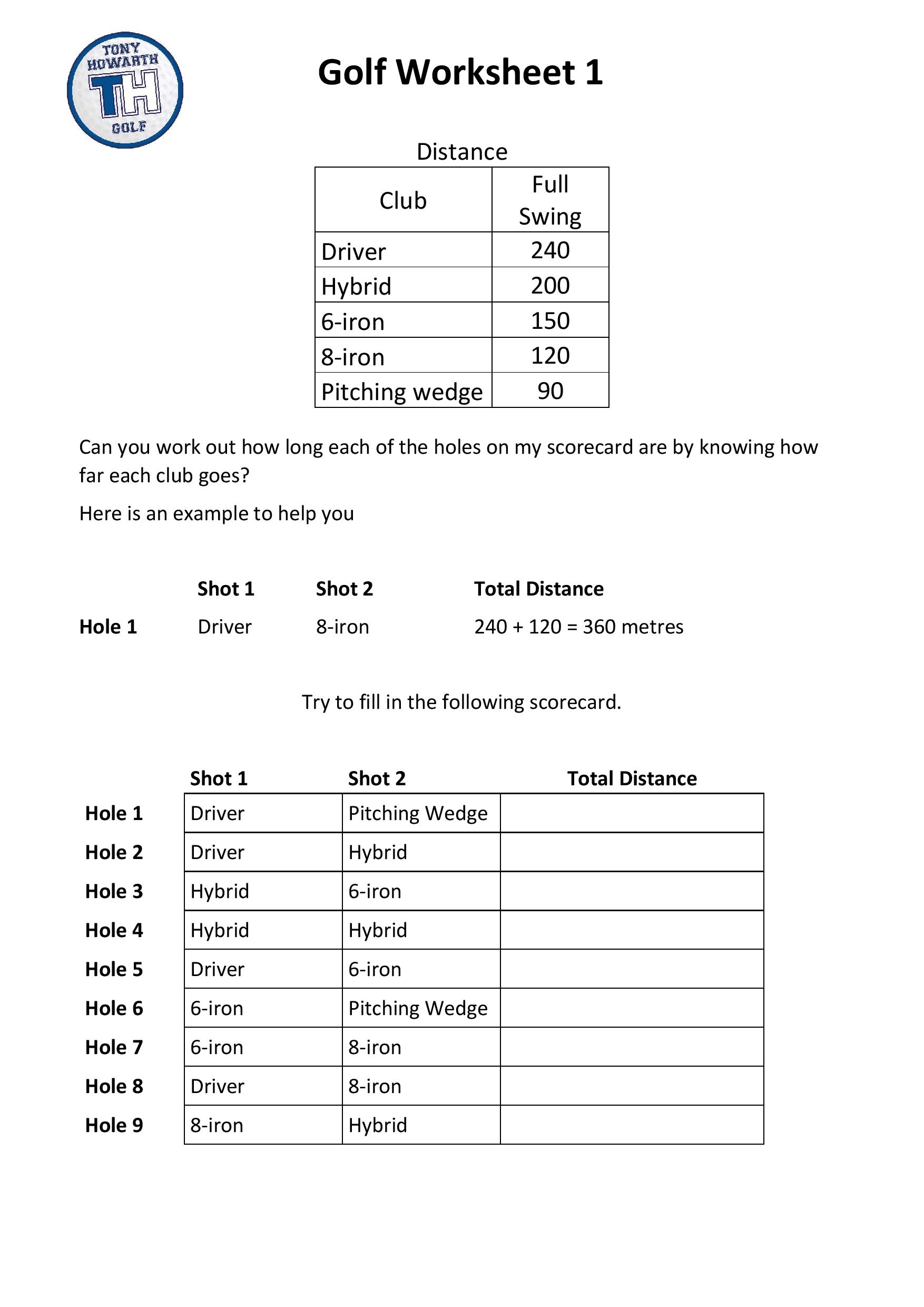 Maths Worksheets 1 and 2 – Tony Howarth Golf